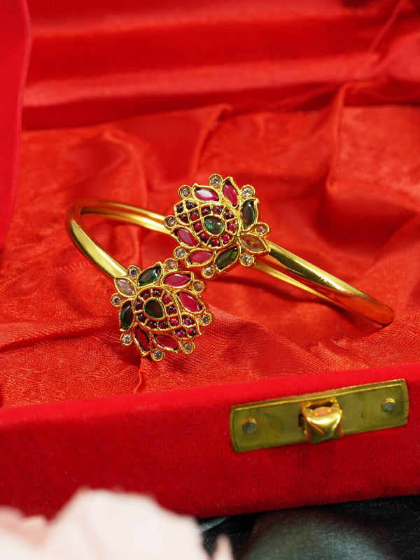 Gold Plated single adjustable spring designer Bangle/Kada Floral motif ...