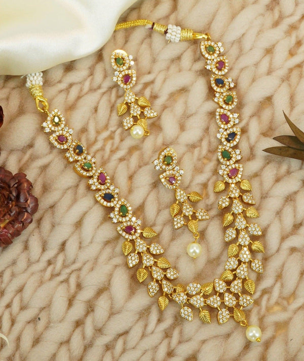 Premium Antique Gold Finish Floral pattern navratna stones 10618N – Griiham